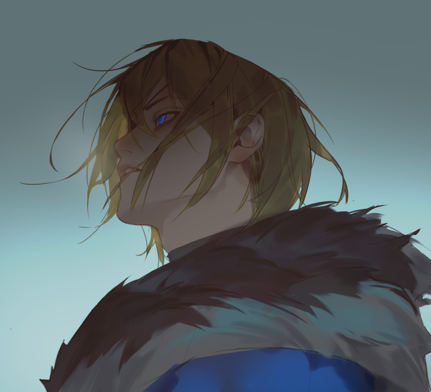 Safebooru - 1boy black fur blonde hair blue cape blue eyes cape chinese commentary commentary ...