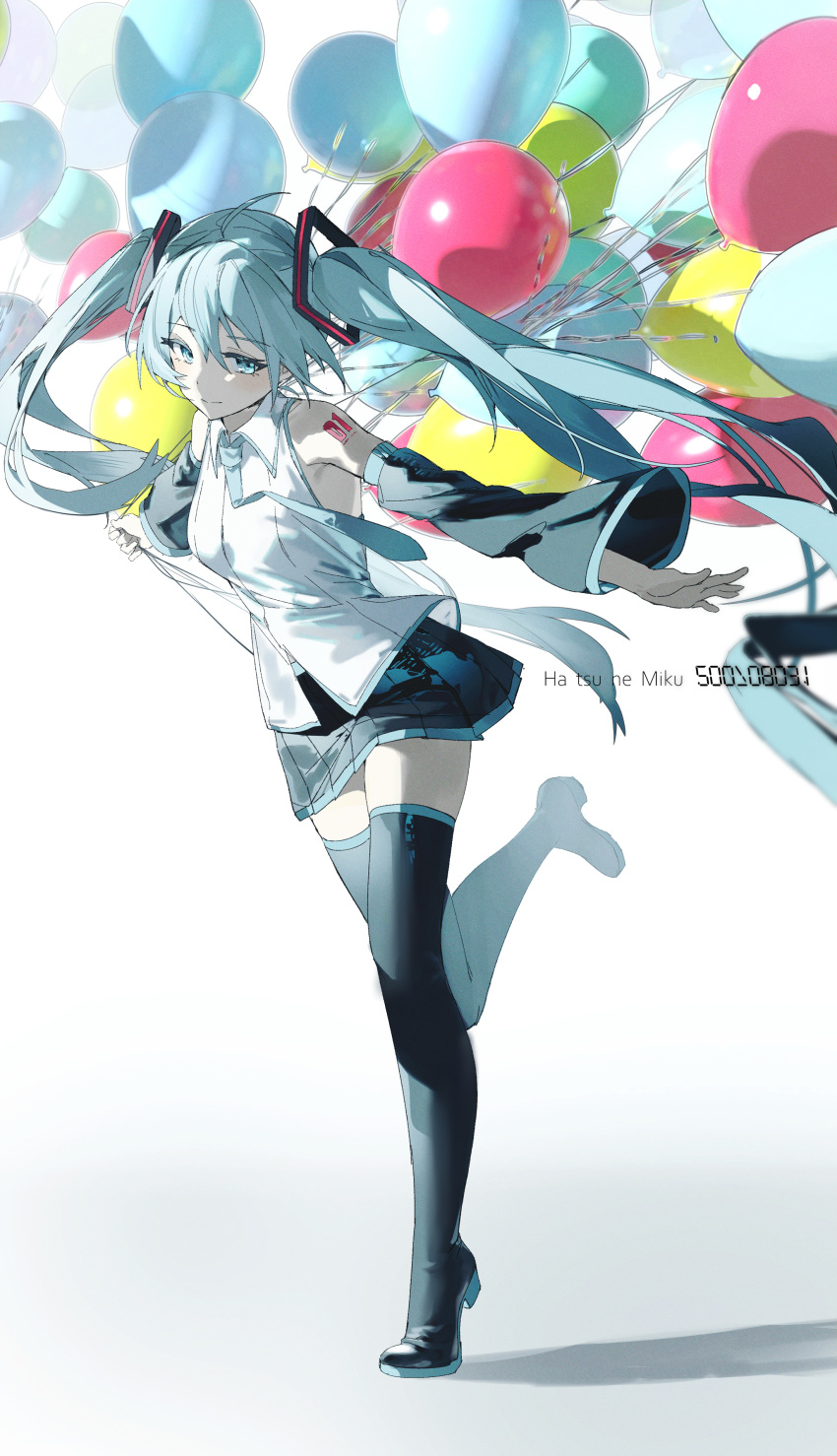 Safebooru - 1girl absurdres balloon bare shoulders black boots black skirt black sleeves blue ...