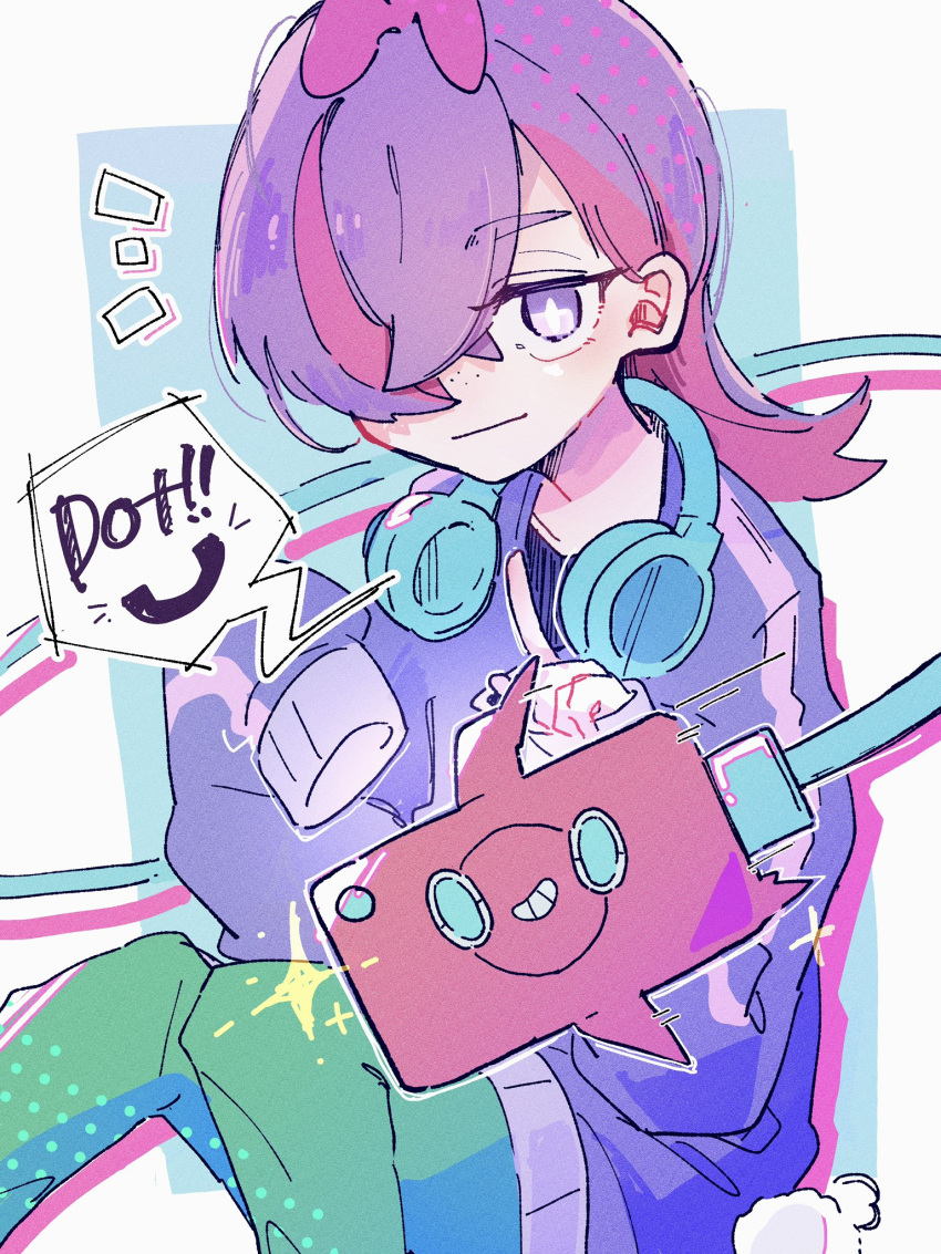 Safebooru - 1girl closed mouth dot (pokemon) freckles green pants hair over one eye headphones ...