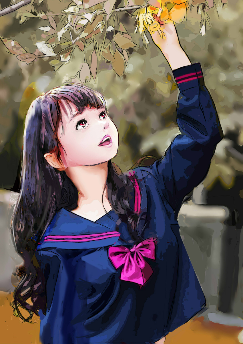 Safebooru - 1girl absurdres amiwa arm up black hair blue sailor collar blue shirt blurry blurry ...