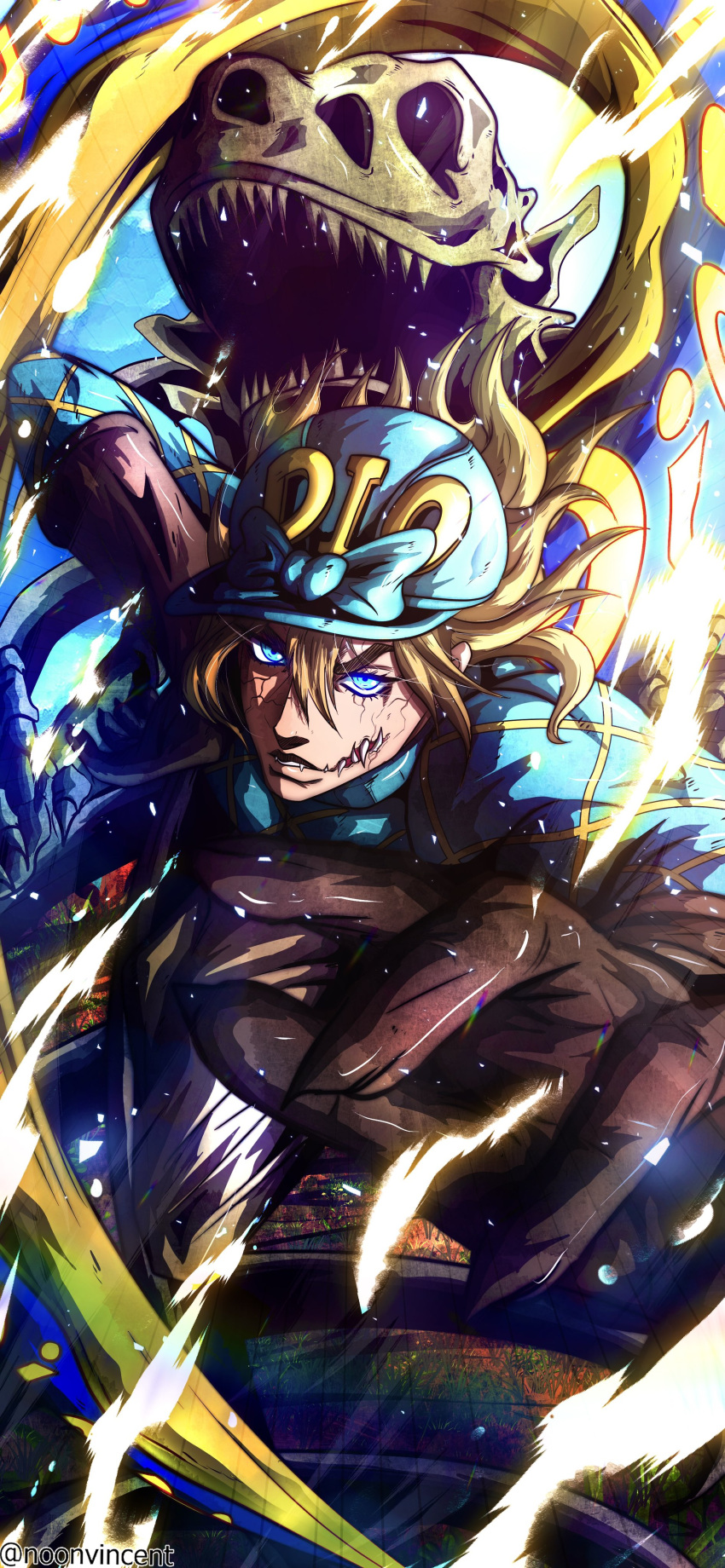 Safebooru - 1boy 1other absurdres araki hirohiko (style) argyle clothes argyle sweater blonde ...