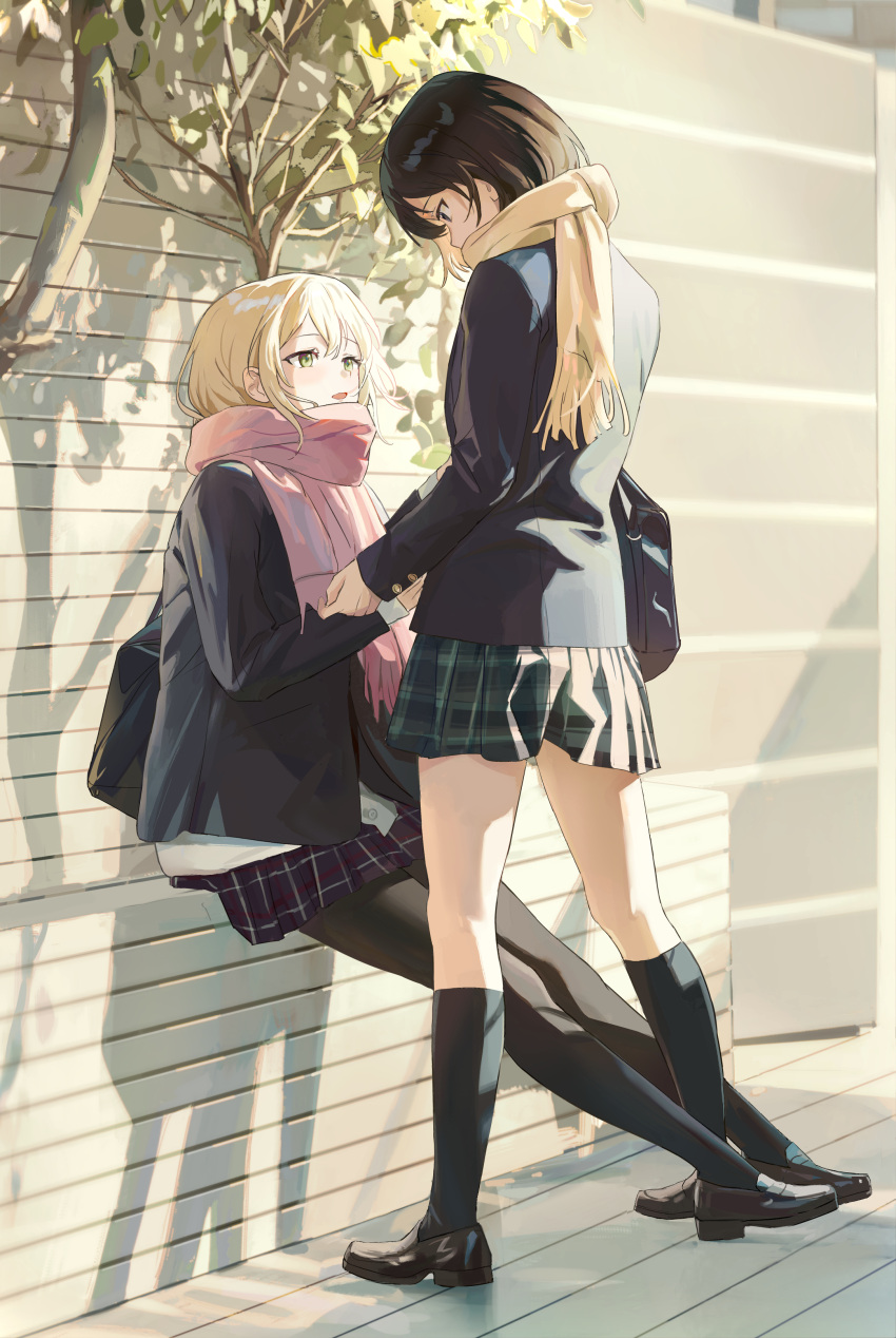 Safebooru - 2girls absurdres bag black hair black jacket black pantyhose black socks blonde hair ...
