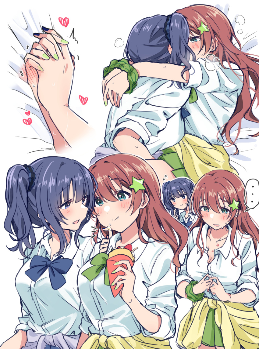 Safebooru - 2girls absurdres asaka karin bed sheet blue eyes blue hair blue nails bow brown hair ...