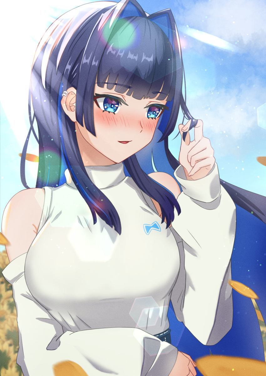 Safebooru - 1girl black hair blue eyes blue hair blue sky blush breasts chahanramen colored ...
