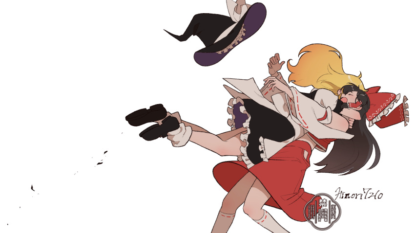 Safebooru - 2girls apron artist name black skirt blonde hair bow closed eyes commentary request ...