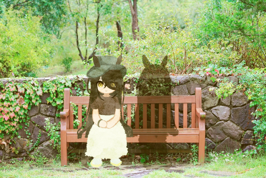Safebooru - 2girls animal ears bench black hair black shirt bracelet closed mouth dual persona ...