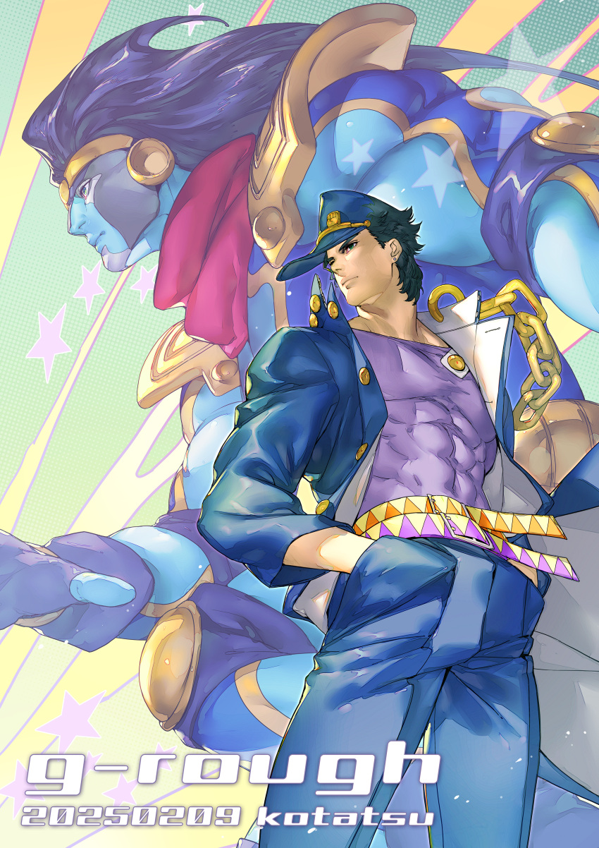 Safebooru - 1boy 2boys abs absurdres artist name belt black hair blue coat blue hat blue pants ...