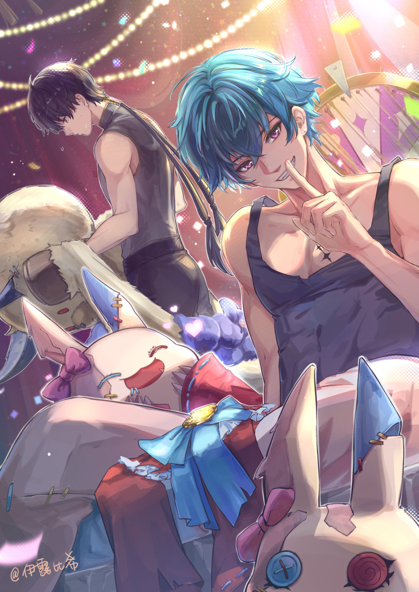 Safebooru - 2boys absurdres alternate costume bare shoulders black hair black pants blue hair ...