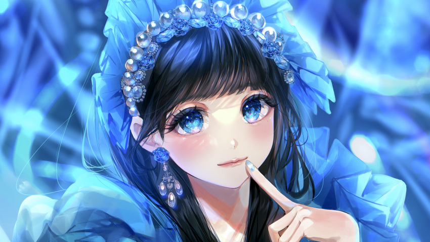 Safebooru - 1girl absurdres beads black hair blue eyes blue nails blue shirt blunt bangs blurry ...