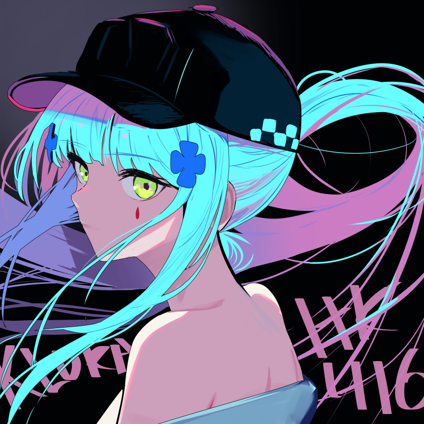 Safebooru - 1girl absurdres bare shoulders baseball cap black background black hat blue hair ...