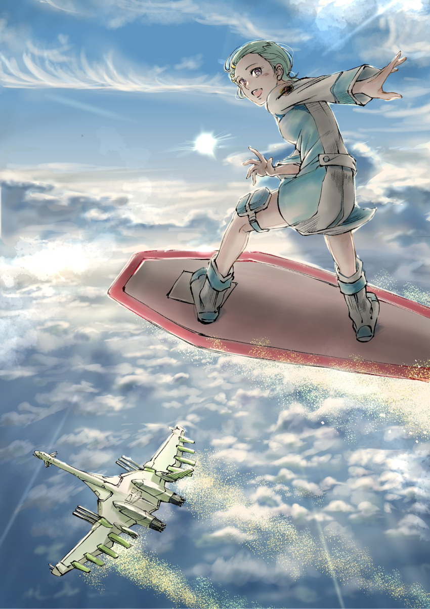Safebooru - 1girl aircraft aqua hair boots clouds commentary request dress eureka (eureka seven ...