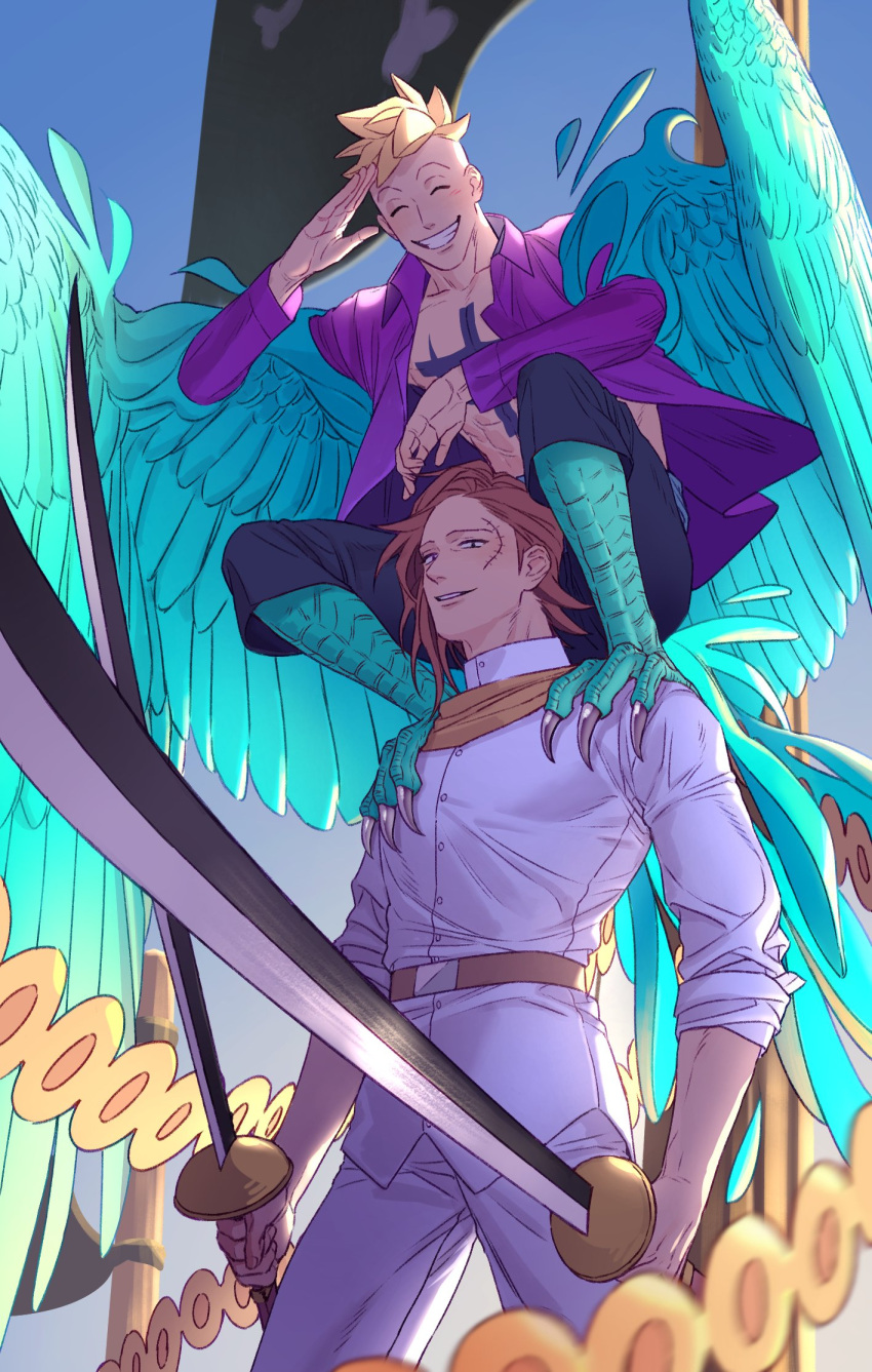 Safebooru - 2boys belt bird boy blonde hair brown belt brown hair chest tattoo closed eyes dual ...