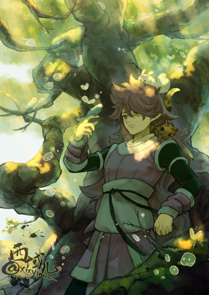 Safebooru - 1boy absurdres animal animal on shoulder artist name bird black pants branch bubble ...