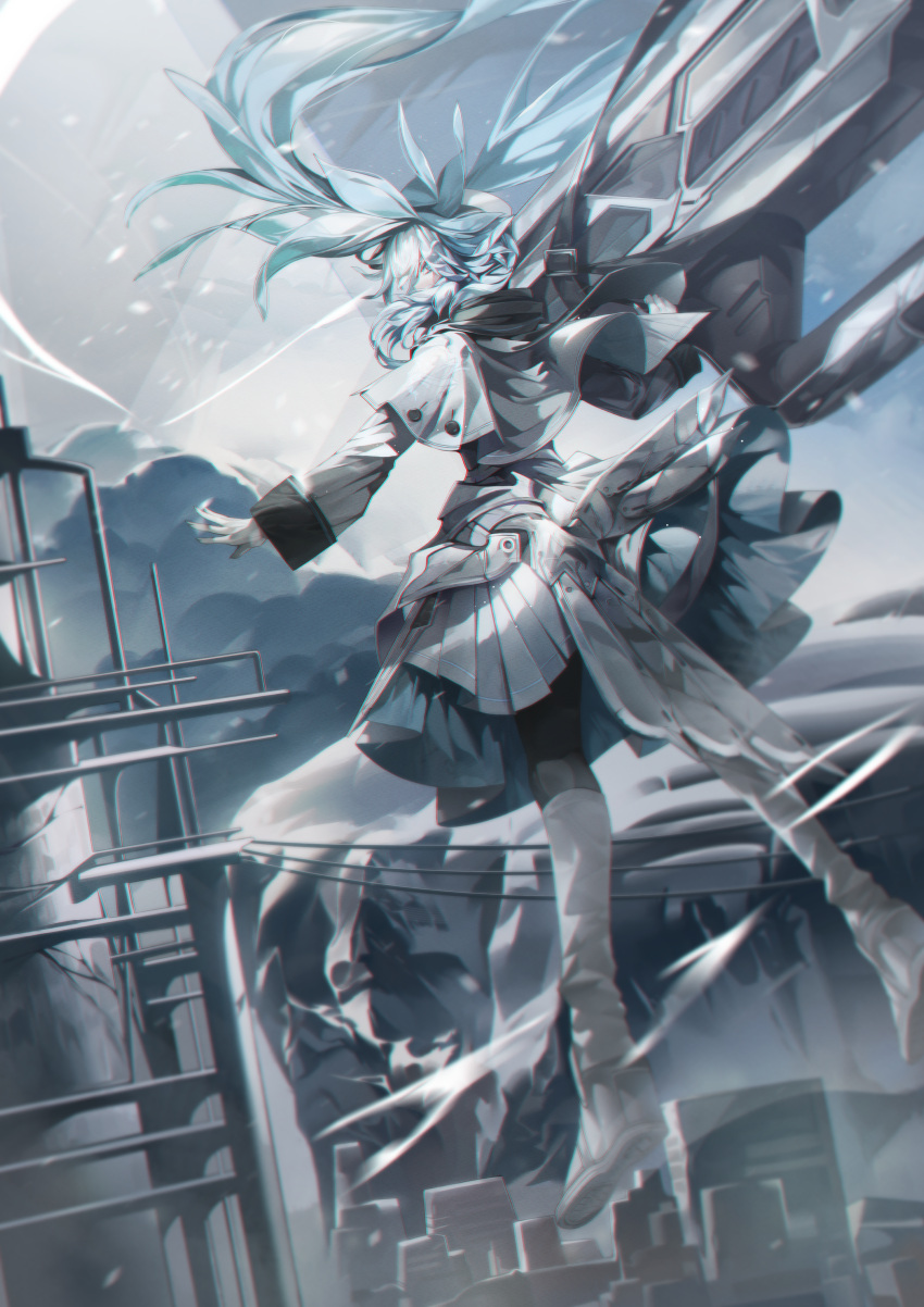 Safebooru - 1girl absurdres blue eyes blue hair boots capelet chromatic aberration dress hair ...