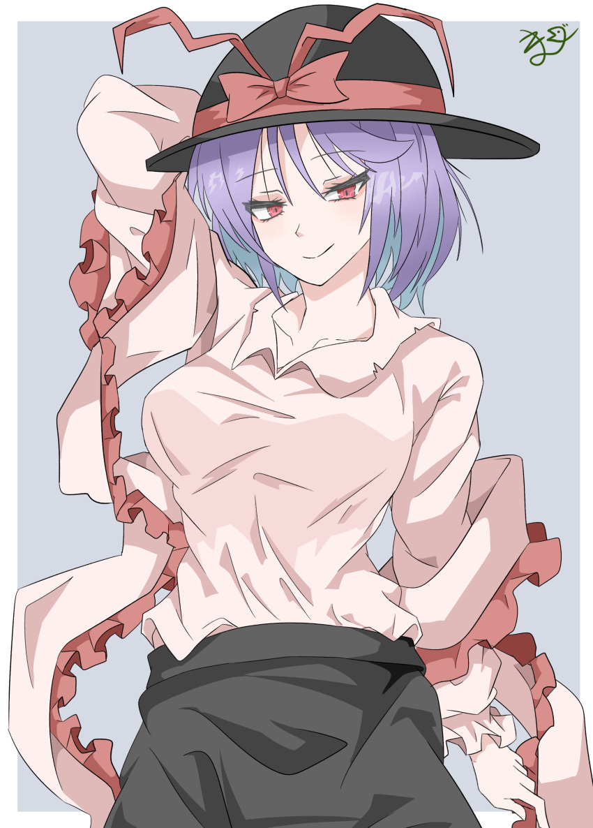 Safebooru - 1girl absurdres arm behind head black hat black skirt bow capelet closed mouth ...