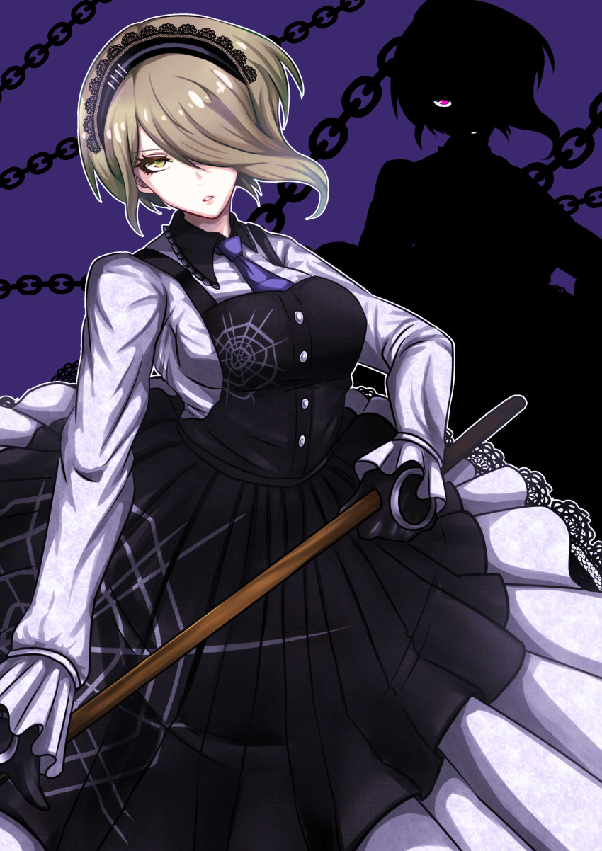 Safebooru - 1girl absurdres black gloves blonde hair breasts broom buttons chain collared shirt ...