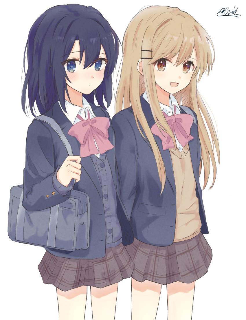 Safebooru - 2girls :d adachi sakura adachi to shimamura bag black hair blazer blue cardigan blue ...