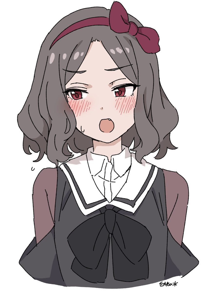 Safebooru - 1girl artist name black bow black bowtie blue shirt blush bow bow hairband bowtie ...