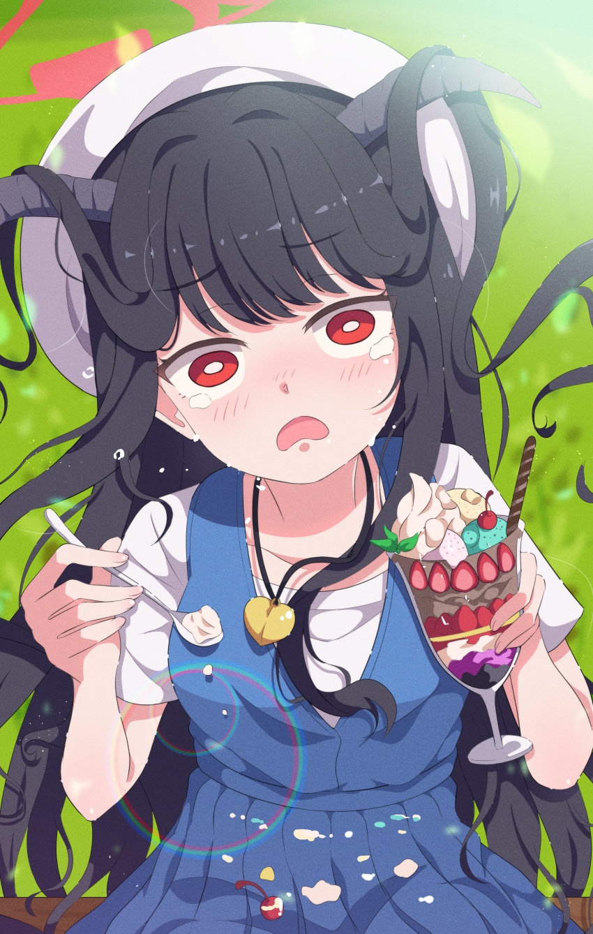 Safebooru - 1girl absurdres accident beret black hair black horns blue archive blue dress blush ...