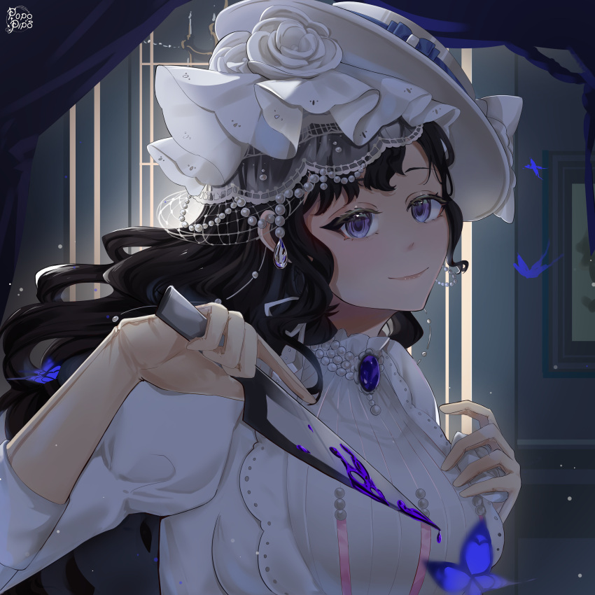 Safebooru - 1girl absurdres artist logo black hair bug butterfly closed mouth dress gloves hands ...