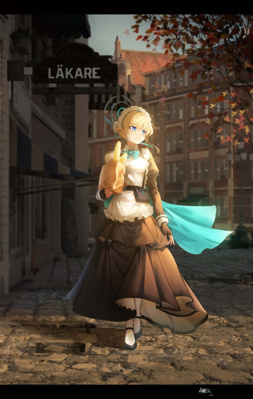 Safebooru - 1girl absurdres apron aqua bow aqua bowtie black dress black gloves blonde hair blue ...