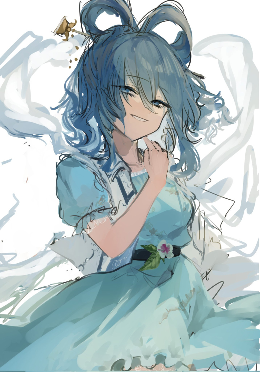 Safebooru - 1girl belt black belt blue dress blue eyes blue hair breasts collared vest ...