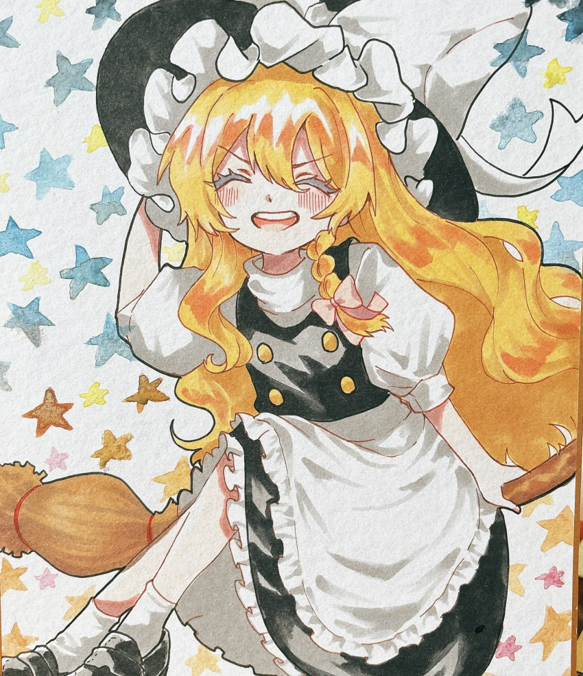 Safebooru - 1girl apron blonde hair blush bow braid broom broom riding chinese commentary closed ...