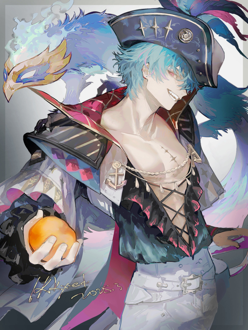 Safebooru - 1boy 2838950453 arm up bare pectorals belt belt buckle black hat blue hair brant ...