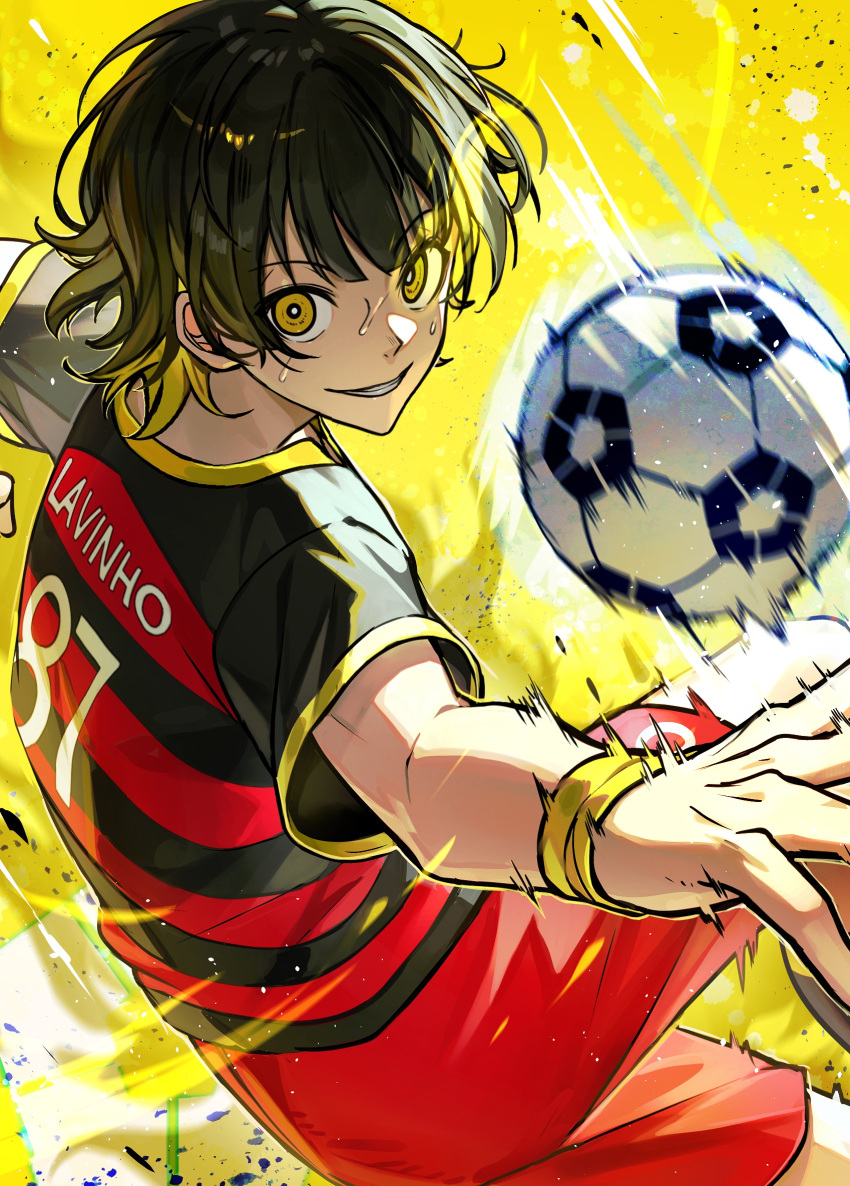 Safebooru - 1boy bachira meguru ball black hair black shorts blonde hair blue eyes blue lock ...