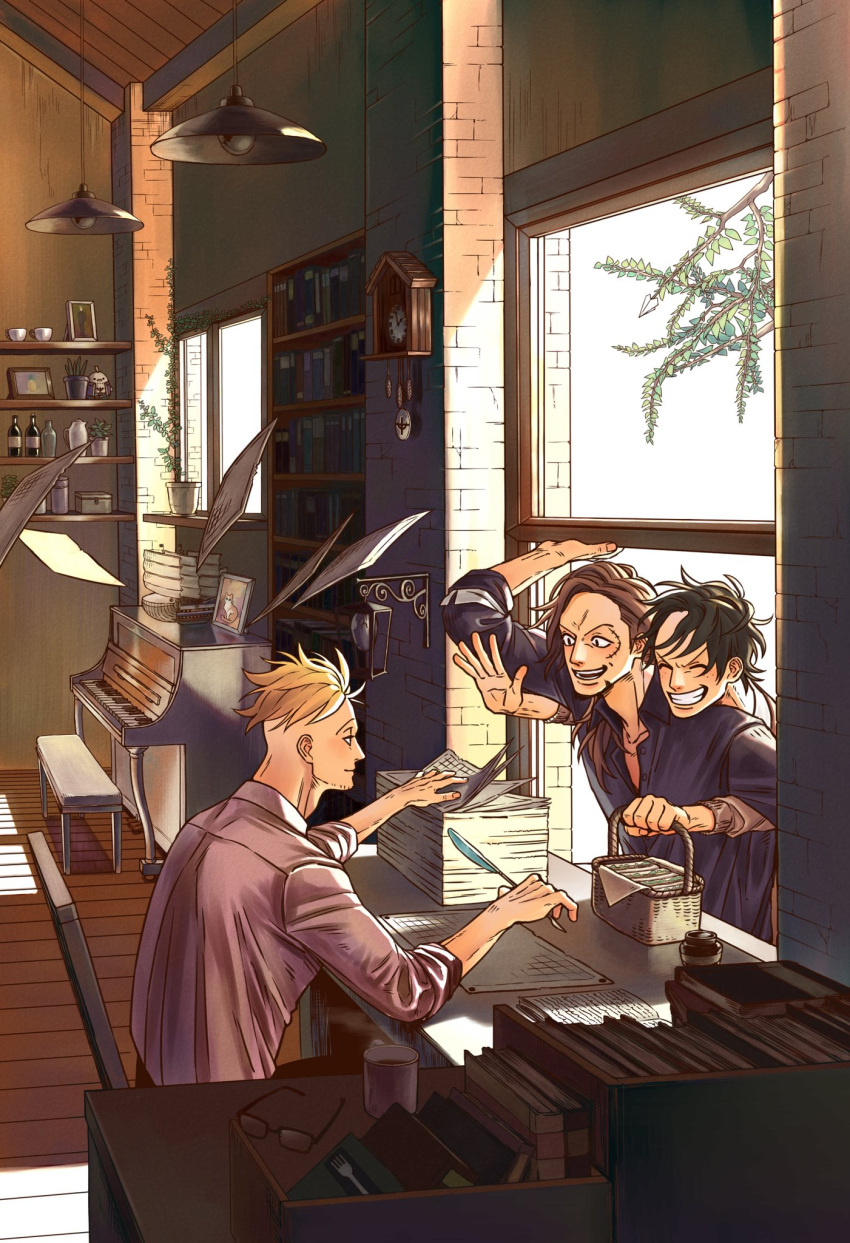 Safebooru - 3boys adam's apple analog clock basket bird blonde hair ...