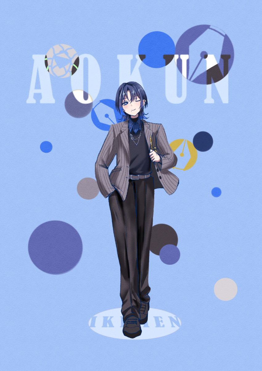 Safebooru - 1girl black pants black sweater blue background blue eyes ...