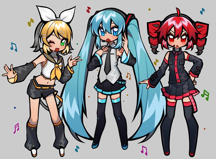 Safebooru - 3girls ahoge arm at side belt black leg warmers black necktie black shirt black ...