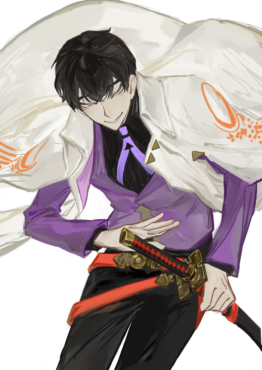 Safebooru - 1boy absurdres belt black hair black shirt coat cowboy shot drawing sword fate/grand ...