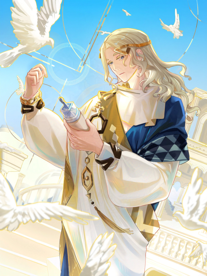 Safebooru - 1boy 6 (reverse:1999) absurdres ancient greek clothes architecture bird blonde hair ...