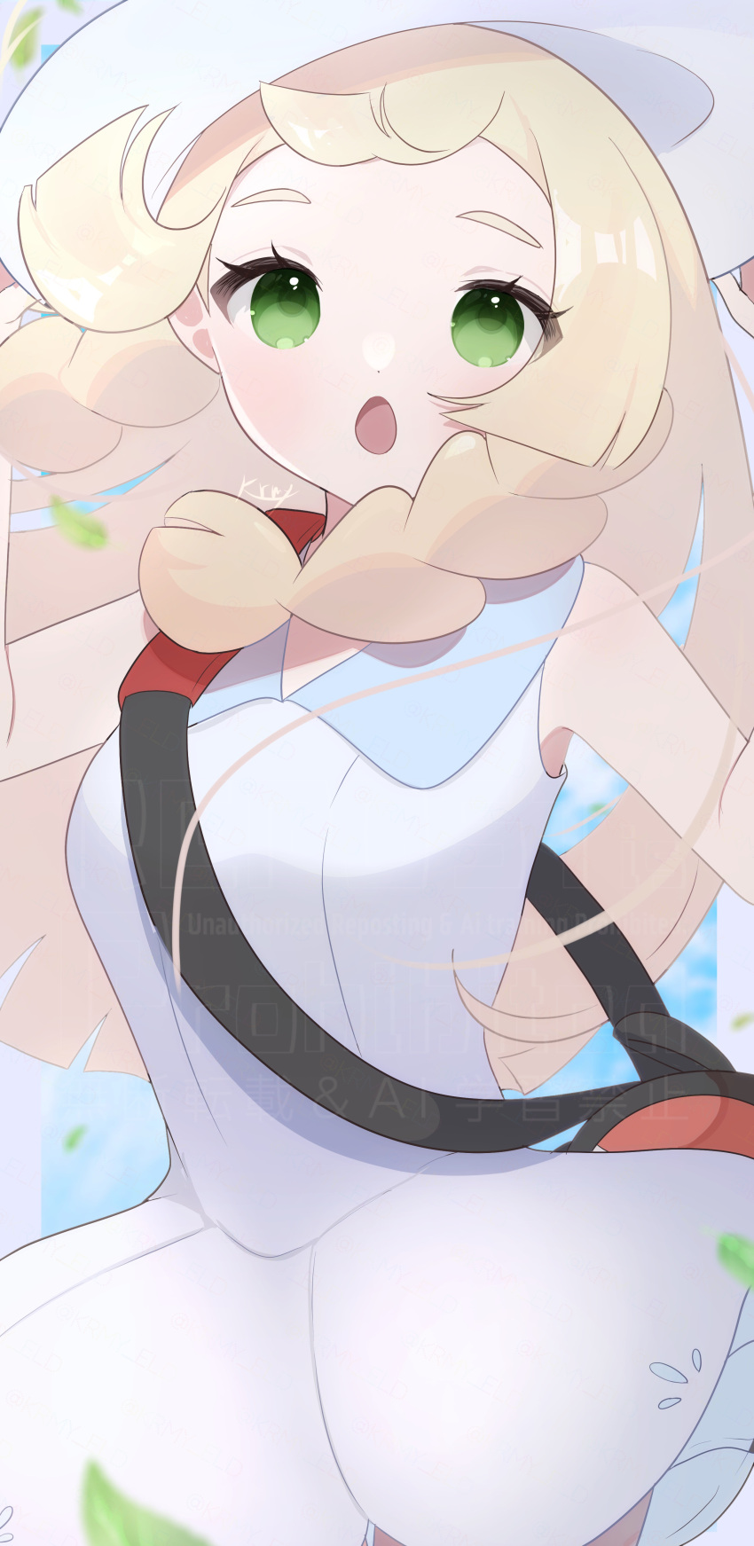 Safebooru - 1girl :o absurdres bag blonde hair collared dress commentary day dress eyelashes ...