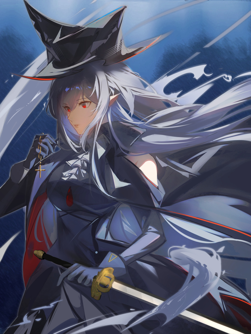 Safebooru - 1girl absurdres arknights ascot bare shoulders black dress black gloves black hat ...