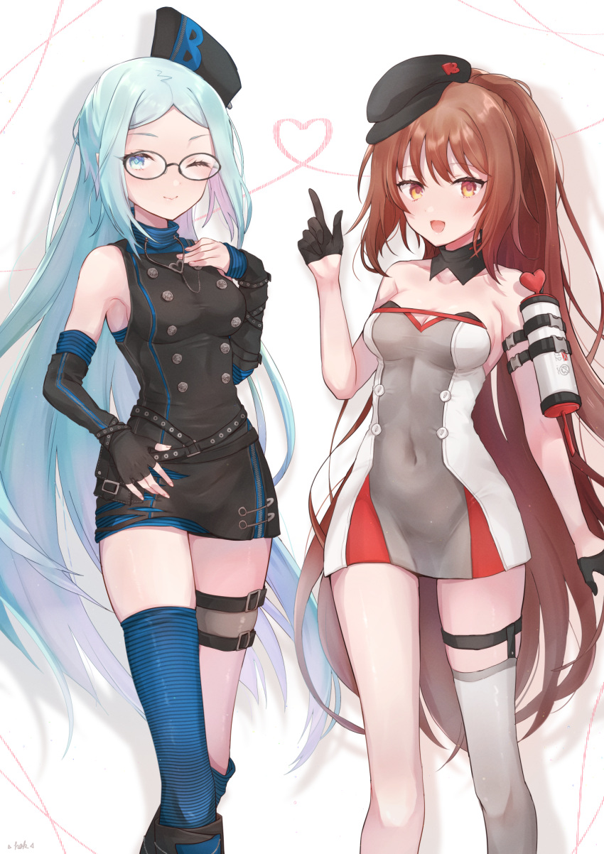 Safebooru - 2girls alice gear aegis black-framed eyewear blue eyes blue hair breasts brown hair ...