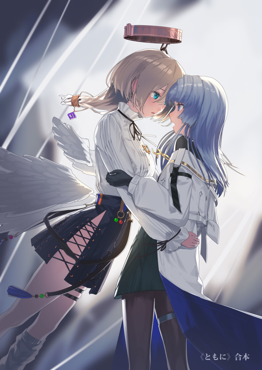 Safebooru - 2girls absurdres arcaea black gloves blue eyes coat compassion (arcaea) detached ...