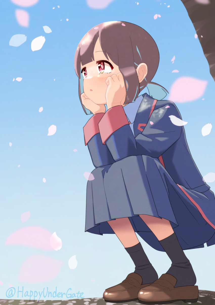 Safebooru - 1girl artist name black jacket black skirt black socks blue hair blue sky blunt ...