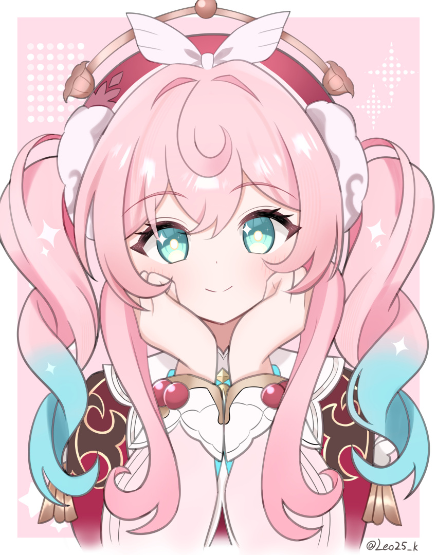 Safebooru - 1girl absurdres aqua eyes aqua hair arm support border closed mouth dot nose drill ...