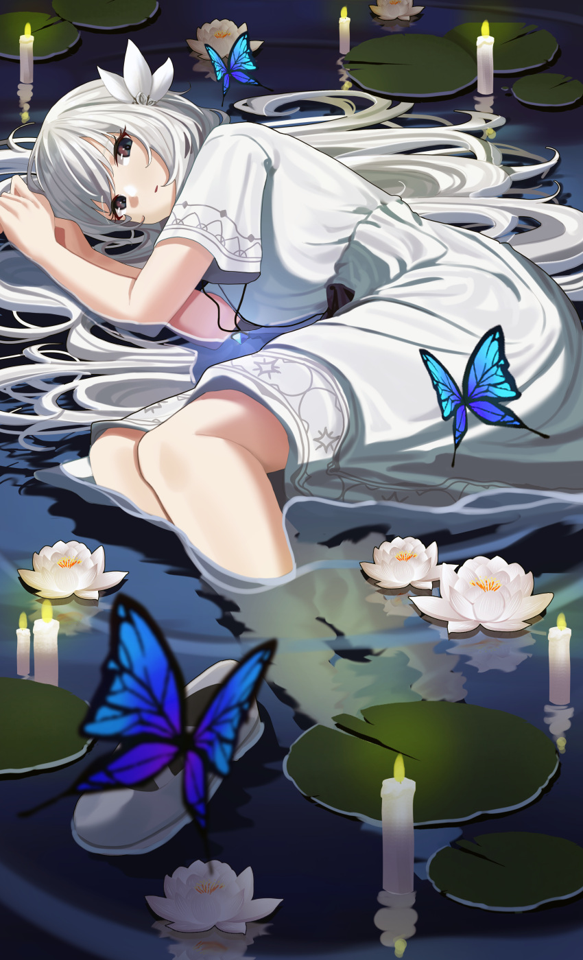 Safebooru - 1girl absurdres black eyes bug butterfly candle dress ender lilies quietus of the ...