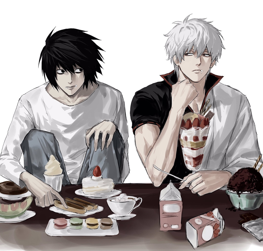 Safebooru - 2boys bowl cake cake slice crossover death note eating ...