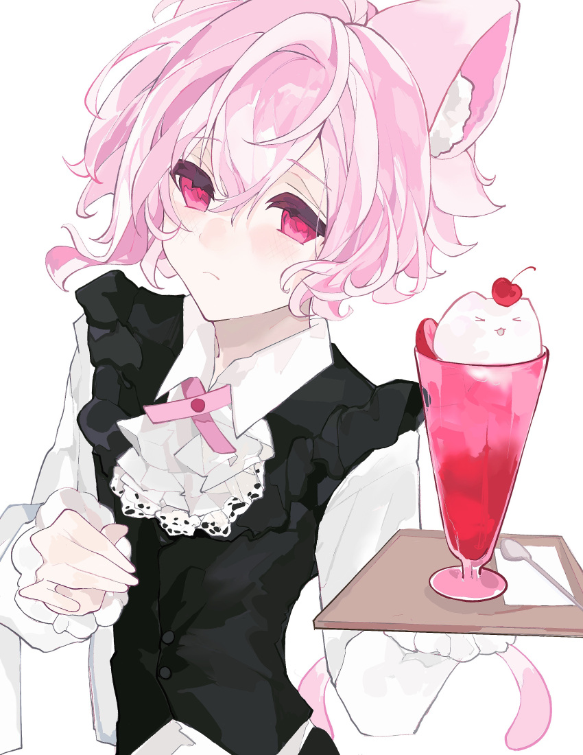 Safebooru - 1boy absurdres animal ears black vest blush cat ears cat tail cherry closed mouth ...