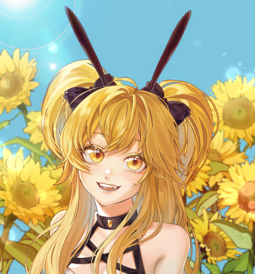 Safebooru - 1other antennae bare shoulders black bow blonde hair blue sky bow commentary english ...
