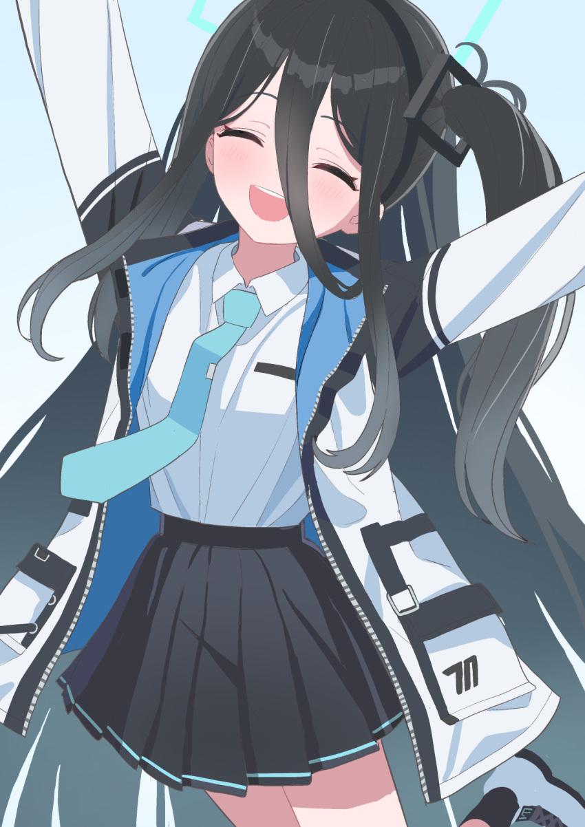 Safebooru - 1girl aris (blue archive) arms up black hair black skirt black socks blue archive ...