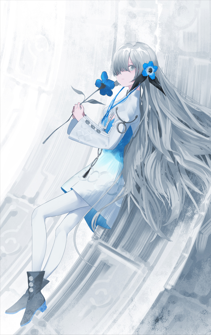 Safebooru - absurdres anemone (flower) blue flower blue hair dress flower full body gradient ...