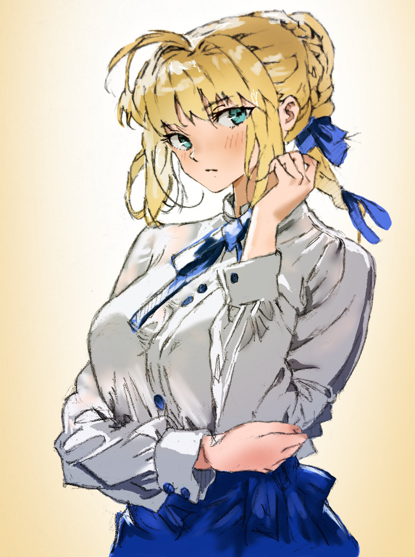 Safebooru - 1girl absurdres artoria pendragon (fate) blonde hair blue ribbon blue skirt fate ...