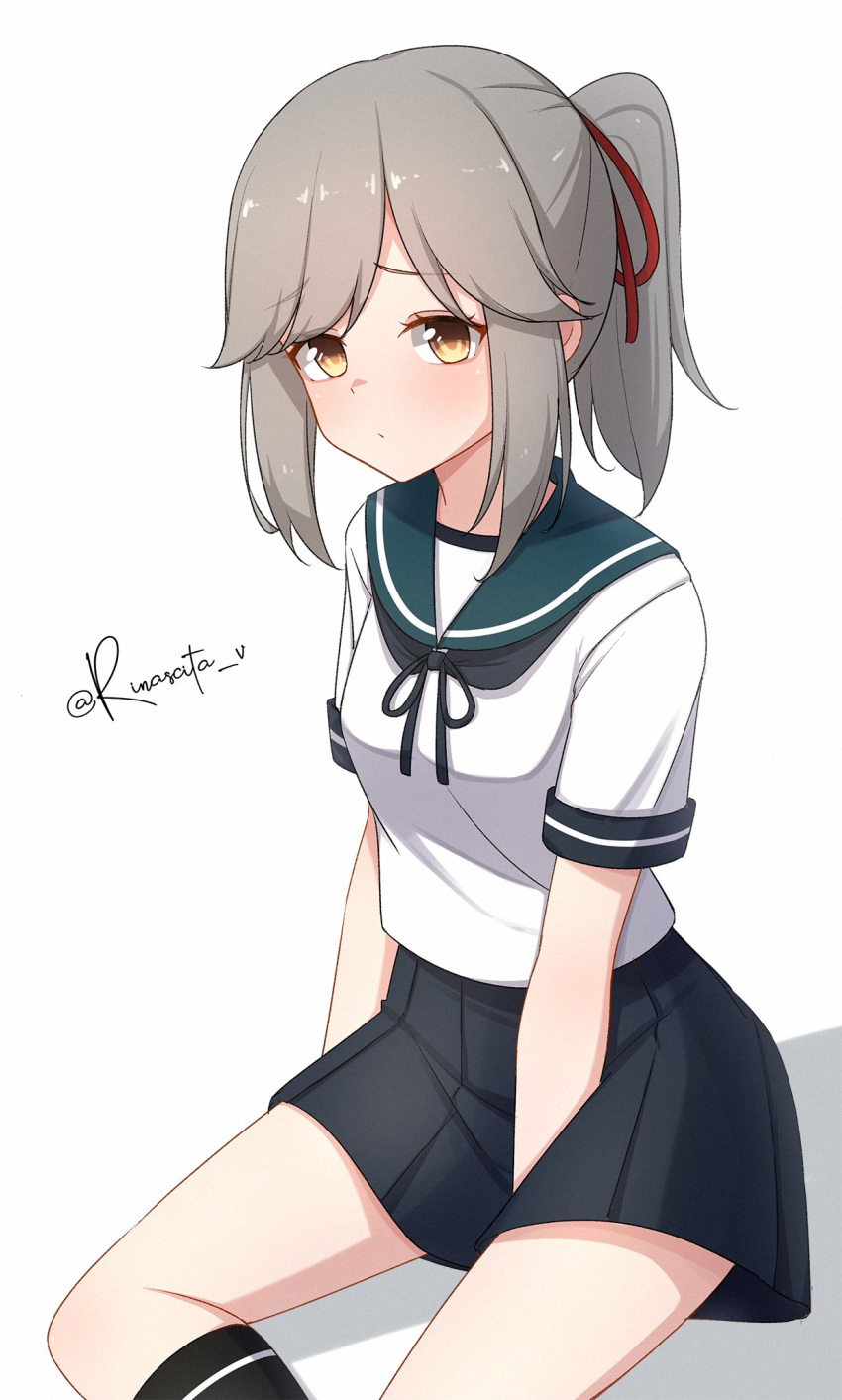 Safebooru - 1girl aticsanir blue sailor collar blue skirt breasts brown eyes grey hair hair ...