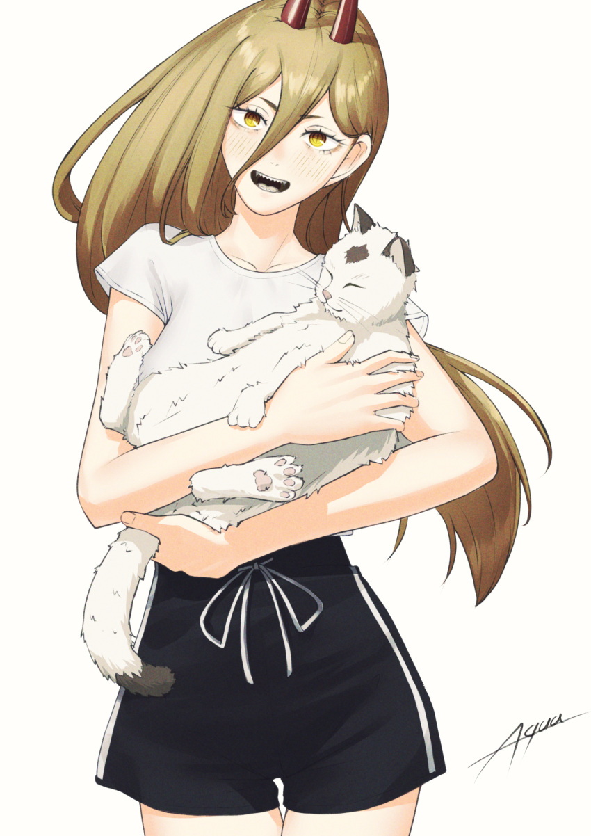 Safebooru - 1girl artist name black shorts blonde hair cat chainsaw man cross-shaped pupils hair ...