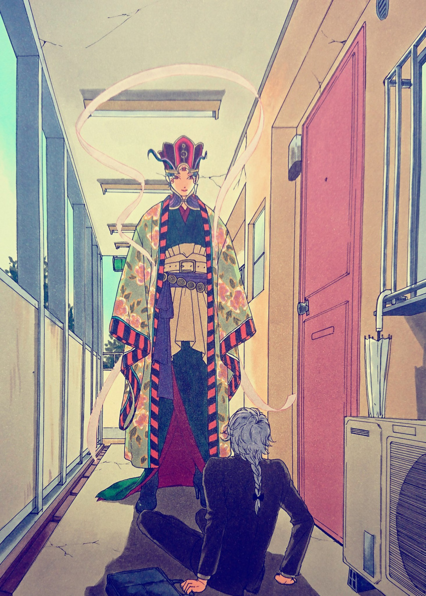 Safebooru - 2boys 59awakadoy apartment bag black bag black boots black bow black jacket black ...